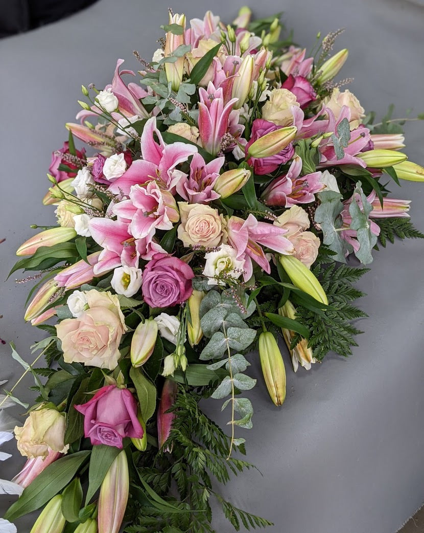 4ft Roses & Lillies Coffin Spray – Lydia Florist